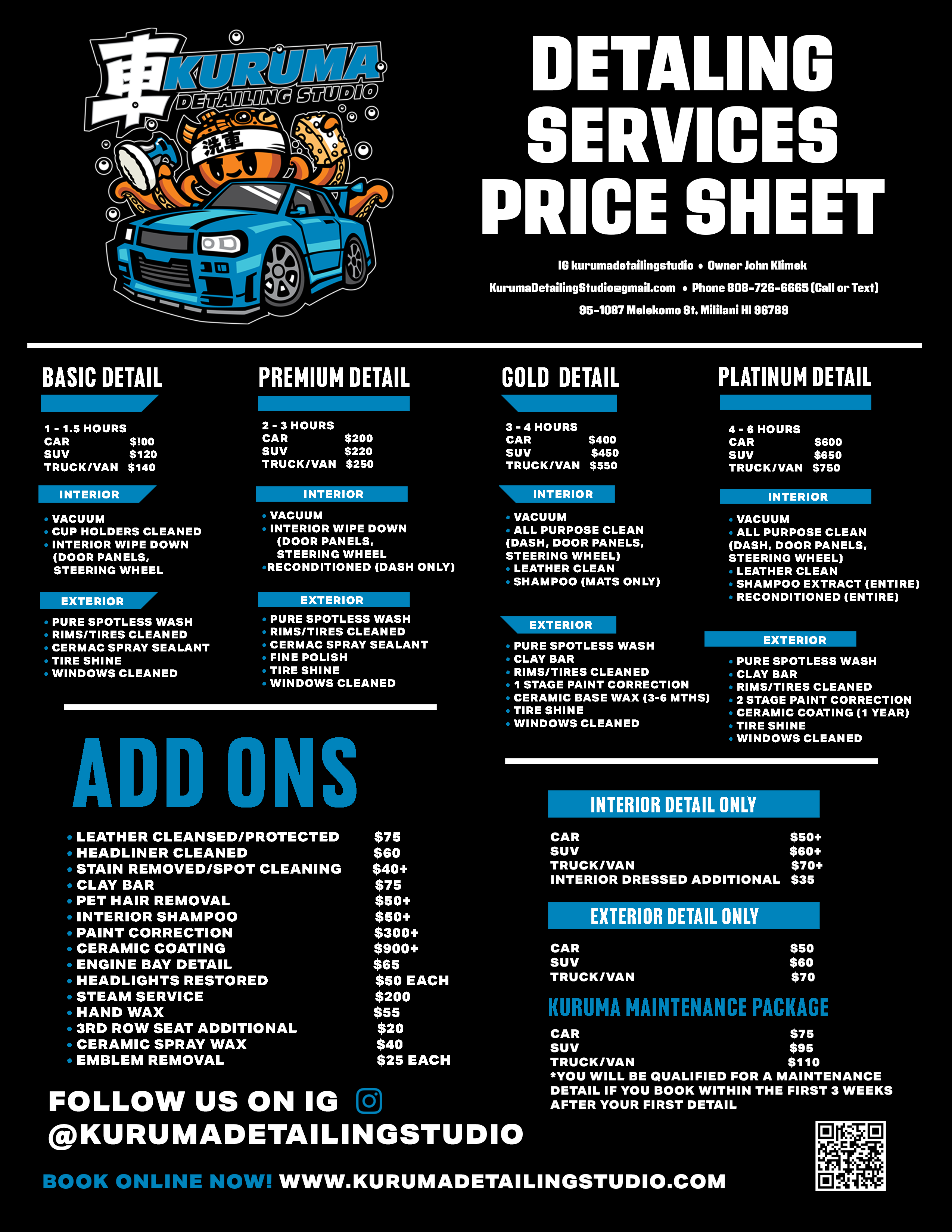 Pricing - Kuruma Auto Detailing Studio